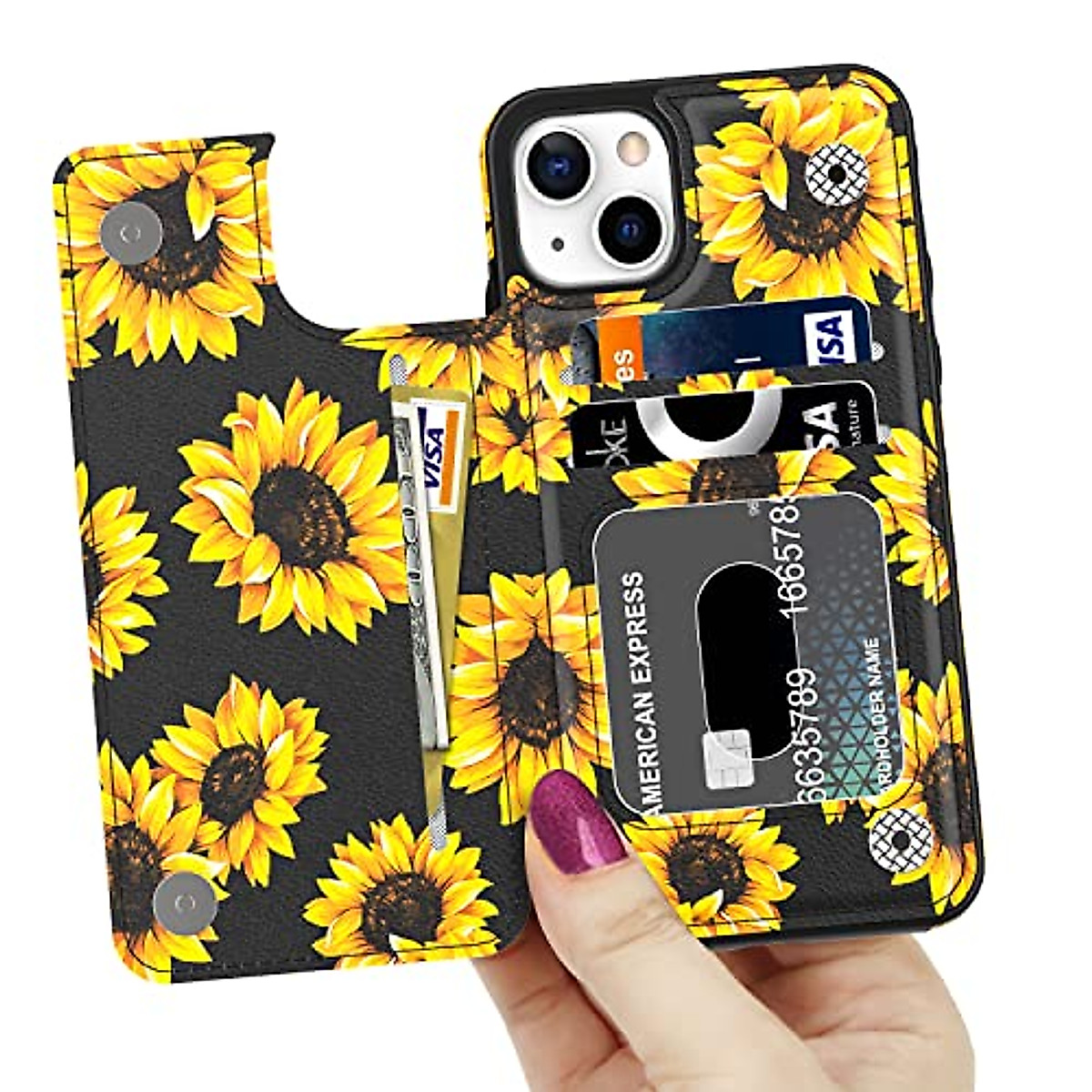 LETO iPhone 14 Case,Flip Folio Leather Wallet Case Cover with Fashion Flower Designs for Girls Women,Built-in Card Slots Kickstand Protective Phone Case for iPhone 14 6.1" Blooming Sunflowers