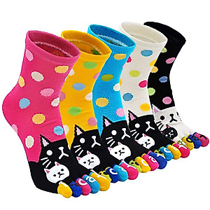Hellomamma Women's Toe Sock Cute Cat Dog Ankle Sock Cotton Athletic Running Five Finger Socks for Girls (5 Pairs)