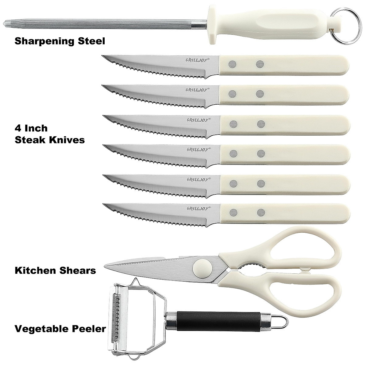 grilljoy 17PCS Premium Knife Set With In-drawer Knife Block, High Carbon Stainless Steel Cutlery Knife Block Set, Versatile Chef Knife Set for Daily Kitchen Use, White