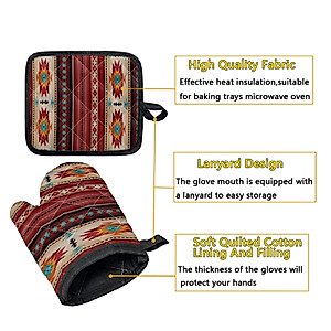 JOAIFO Southwest Nativa Oven Mitts and Pot Holders Sets, Tribal Aztec Pattern Heat Resistant & Non-Slip Oven Mitts with Potholder Fashion Kitchen Cotton Cooking BBQ Gloves