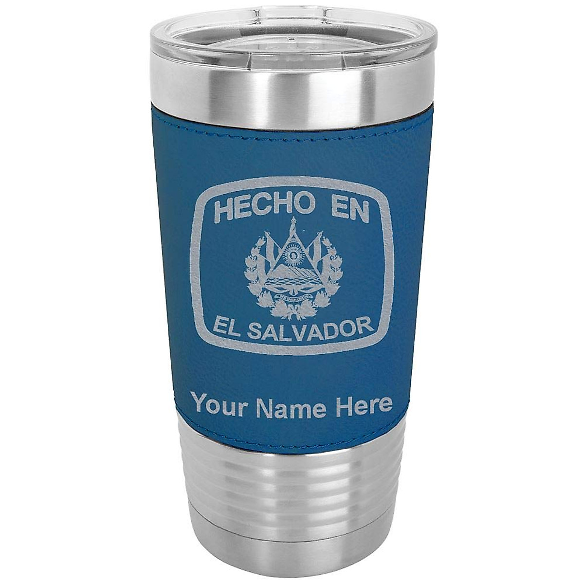 LaserGram 20oz Vacuum Insulated Tumbler Mug, Hecho En El Salvador, Personalized Engraving Included (Faux Leather, Blue)