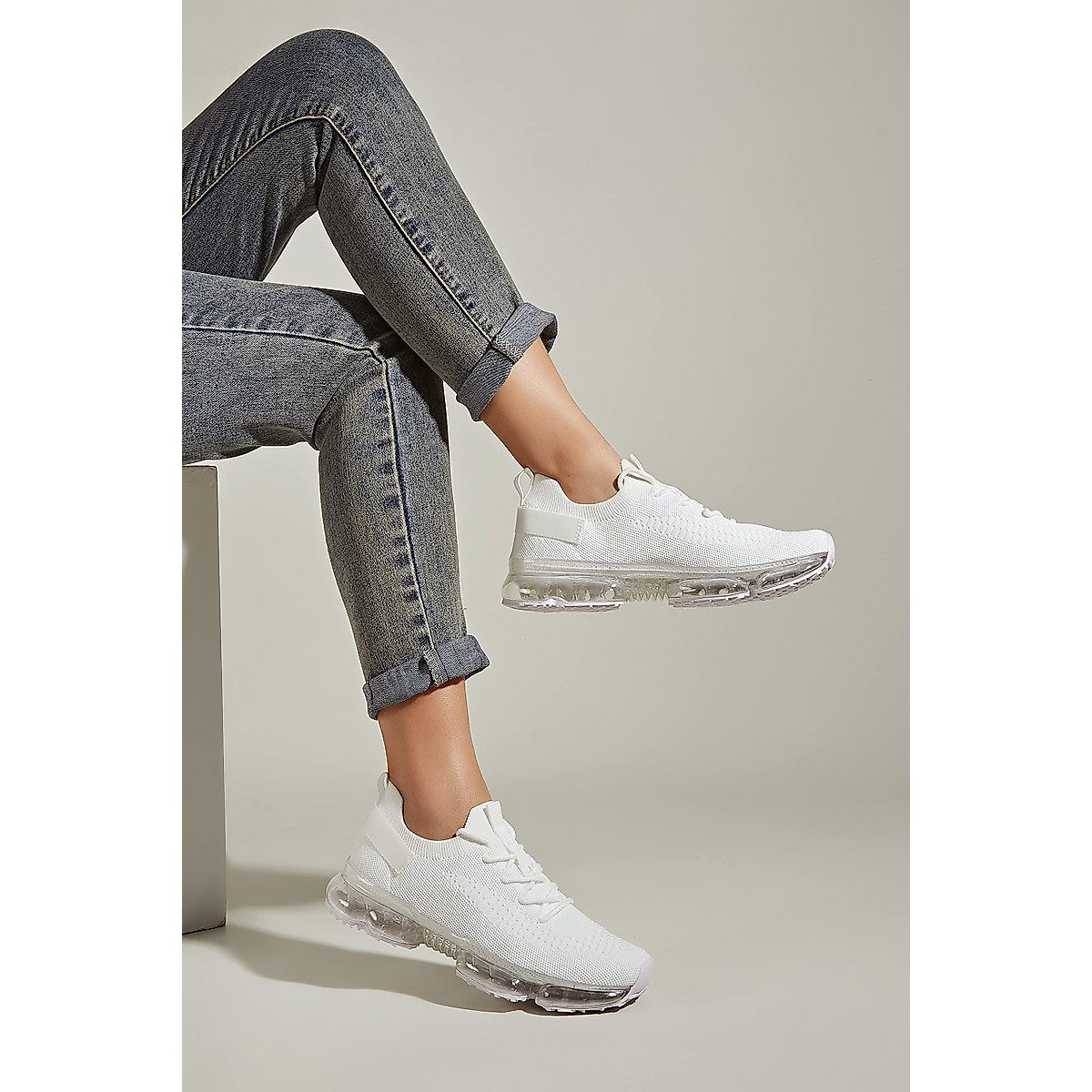 LUCKY STEP Women Air Cushion Fashion Sneakers Breathable Casual Comfortable Lightweight Walking Shoes(White,6 B(M) US)