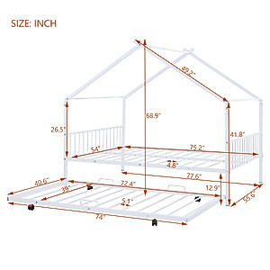 Metal House Bed for Kids, Full Size Bed Frame with Trundle Bed Twin, Kids Bed Frame with Headboard and Footboard, Full Size House Bed for Kids, Girls, Boys(Full White)
