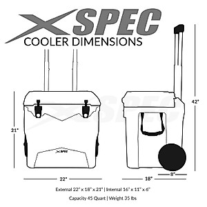 Xspec 45 Quart Towable Roto Molded Outdoor Camping Cooler with Wheels | Pro Tough Durable Fishing Ice Chest, Sand
