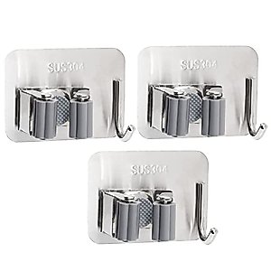 GDFYMI Mop Broom Holder, No Drill Heavy Duty SUS304 Stainless Steel Mop Gripper Rack with Hook Wall Mounted, Storage Rack Self Adhesive Broom Organizer for Laundry, Kitchen, Bathroom, Garage (Grey-3)