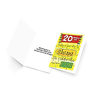 Prime Greetings Happy 20th Birthday Card, Made in America, Eco-Friendly, Thick Card Stock with Premium Envelope 5in x 7.75in, Packaged in Protective Mailer