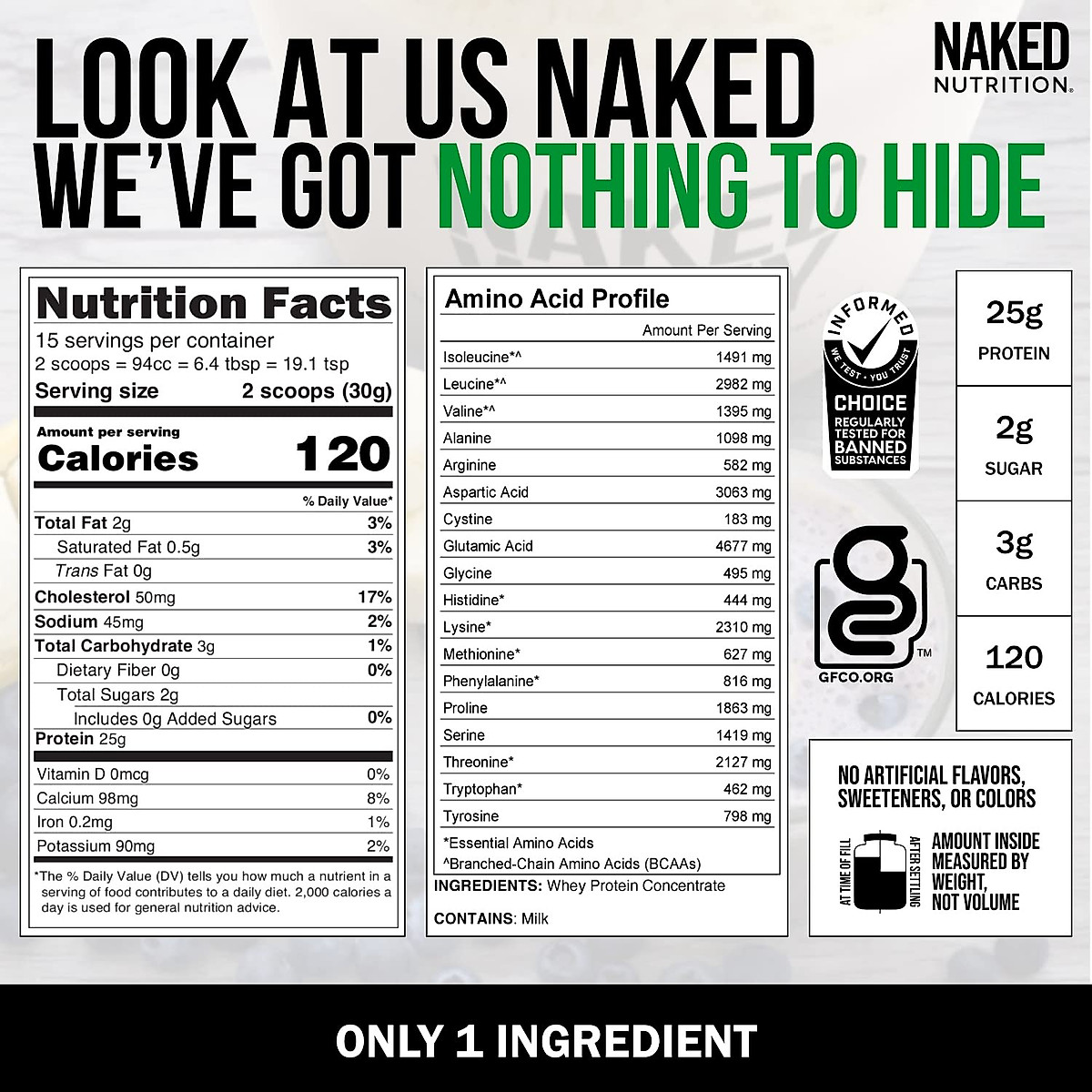 NAKED nutrition Naked Whey 1Lb - Only 1 Ingredient, Grass Fed Whey Protein Powder, Undenatured, No Gmos, No Soy, Gluten Free, Stimulate Growth, Enhance Recovery - 15 Servings