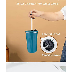 FRAGSCEN Insulated Tumbler with Lid and Straw, 20 OZ Stainless Steel Tumbler with Screw Lid, Iced Coffee Cup, Double Wall Vacuum Tumblers, Leakproof Water Bottle Travel Mug, Navy Blue