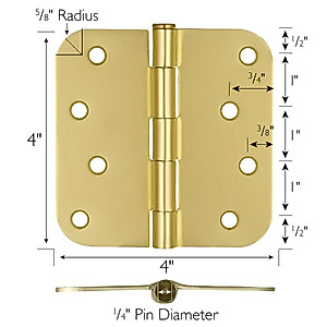 Door Hinges for Interior Doors 3-Pack 4-inch x 4-inch, Design House 5/8-inch Radius Steel Door Hinge Door Hardware, Satin Brass, 181578