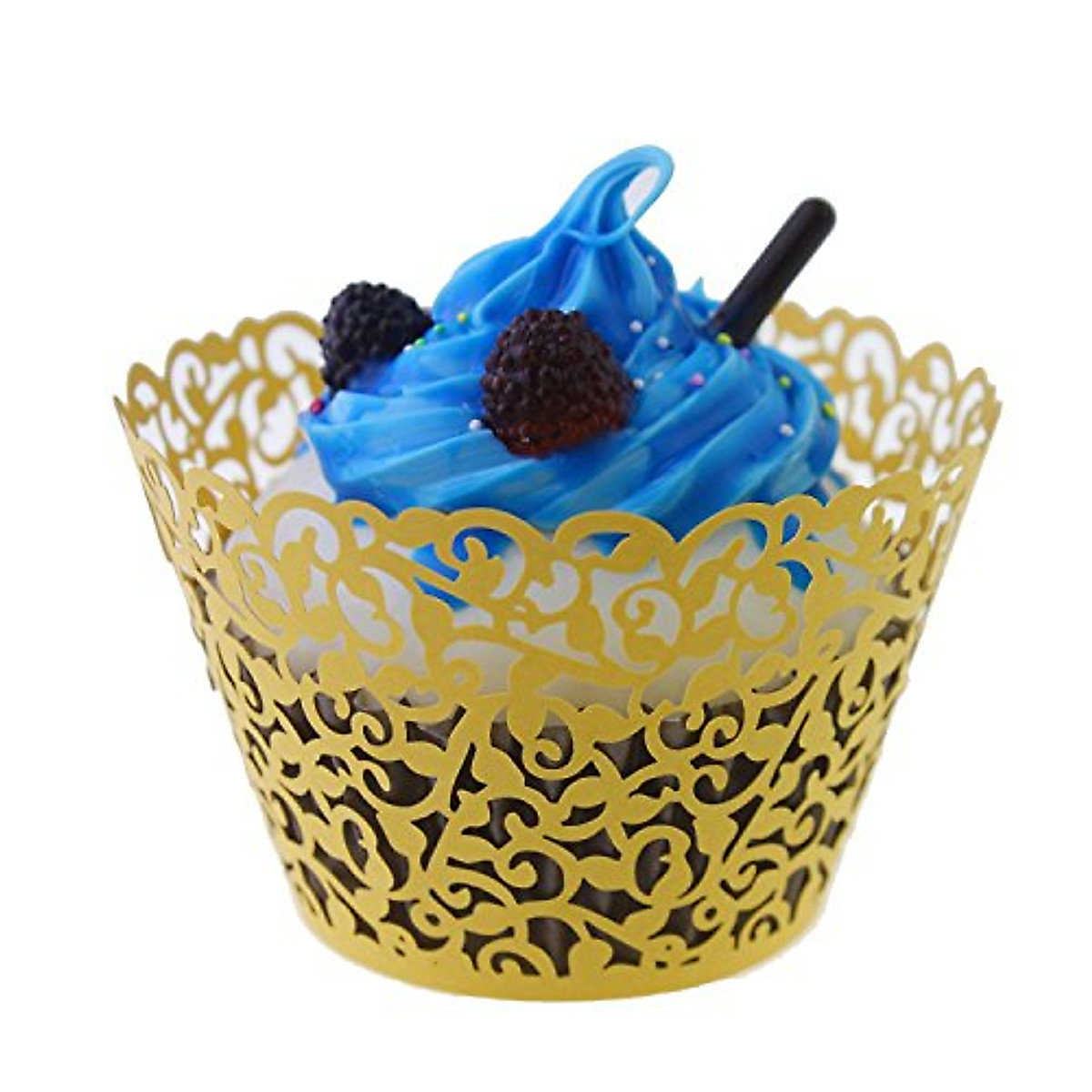 SUYEPER 100pcs Cupcake Wrappers Artistic Bake Cake Paper Cups Little Vine Lace Laser Cut Liner Baking Cup Muffin Case Trays for Wedding Party Birthday Decoration (Gold)