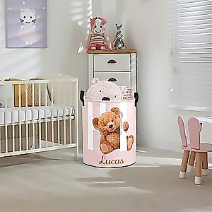 Meet Pink Teddy Bear Personalized Freestanding Laundry Basket Clothes Hamper Waterproof,Custom Laundry Collapsible Storage Bins Toys Baskets with Handle for Bedroom Bathroom
