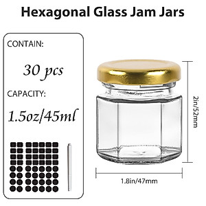 Keketin 1.5oz Honey Jars,30 Pack Hexagonal Glass Jars with Gold Lids,45ml Small Canning Jar Mini Storage Glass Jars for Jams,Fruits,Spices,Nuts,Jellies,Baby Foods