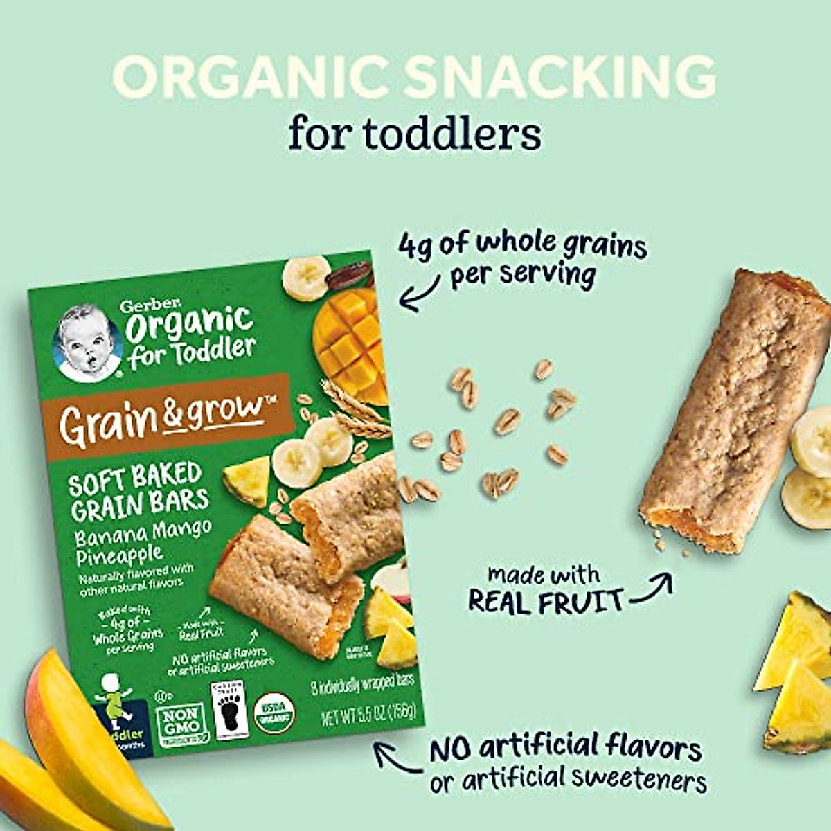 Gerber Snacks for Toddler Organic Soft Baked Grain Bars, Grain & Grow, Banana Mango Pineapple, 5.5 Ounce (Pack of 8)