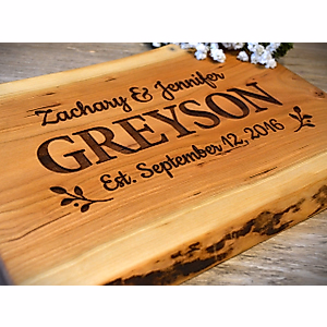 Personalized Cutting Board Wedding Gift Live Edge Cherry Wood - Engraved Unique Customized Artisan Rustic Display Bride Groom Couple Newlywed Anniversary Housewarming Christmas Bridal Shower