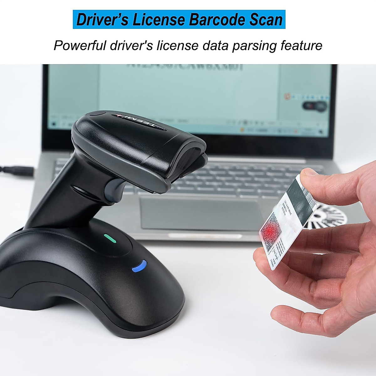 TEEMI Bluetooth Barcode Scanner with USB Charging Cradle Data Receiver, 1D 2D QR Wireless Imager with Vibration Alert for iOS Android Devices, BT 5.0 Longer Transfer Range, Handsfree Screen Scanning