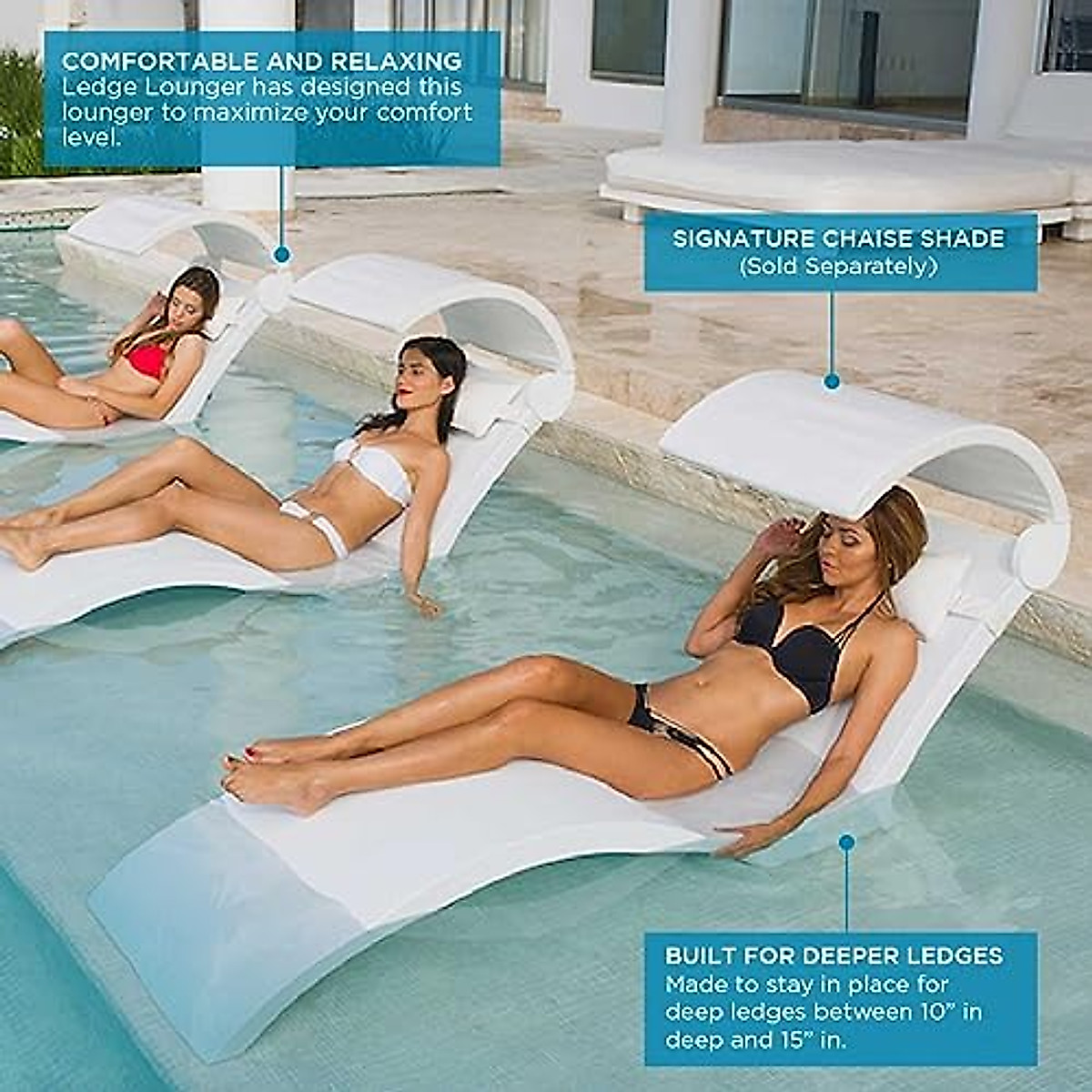 Ledge Lounger - Signature Chaise Deep - Inside Pool & Sun Shelf Lounge Chair - Designed for Deep Shelves 10”-15” - Compatible with All Pool Types - Poolside & Sun Deck Tanning - Set of 2 - Dark Blue