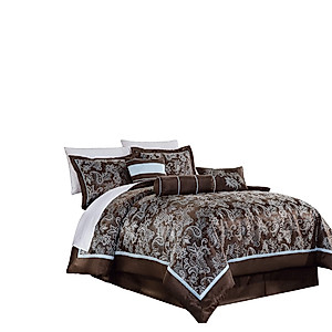 Chezmoi Collection Tuscany 7-Piece Blue Brown Paisley Floral Jacquard Comforter Bedding Set, King Size