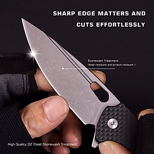 QYGMGS REMETTE Folding Knife, Carbon Fiber Handle, D2 Steel Wear-Resistant Blade,Flipper Assisted Opening Knife, EDC Outdoor Camping Pocket Knife for Men