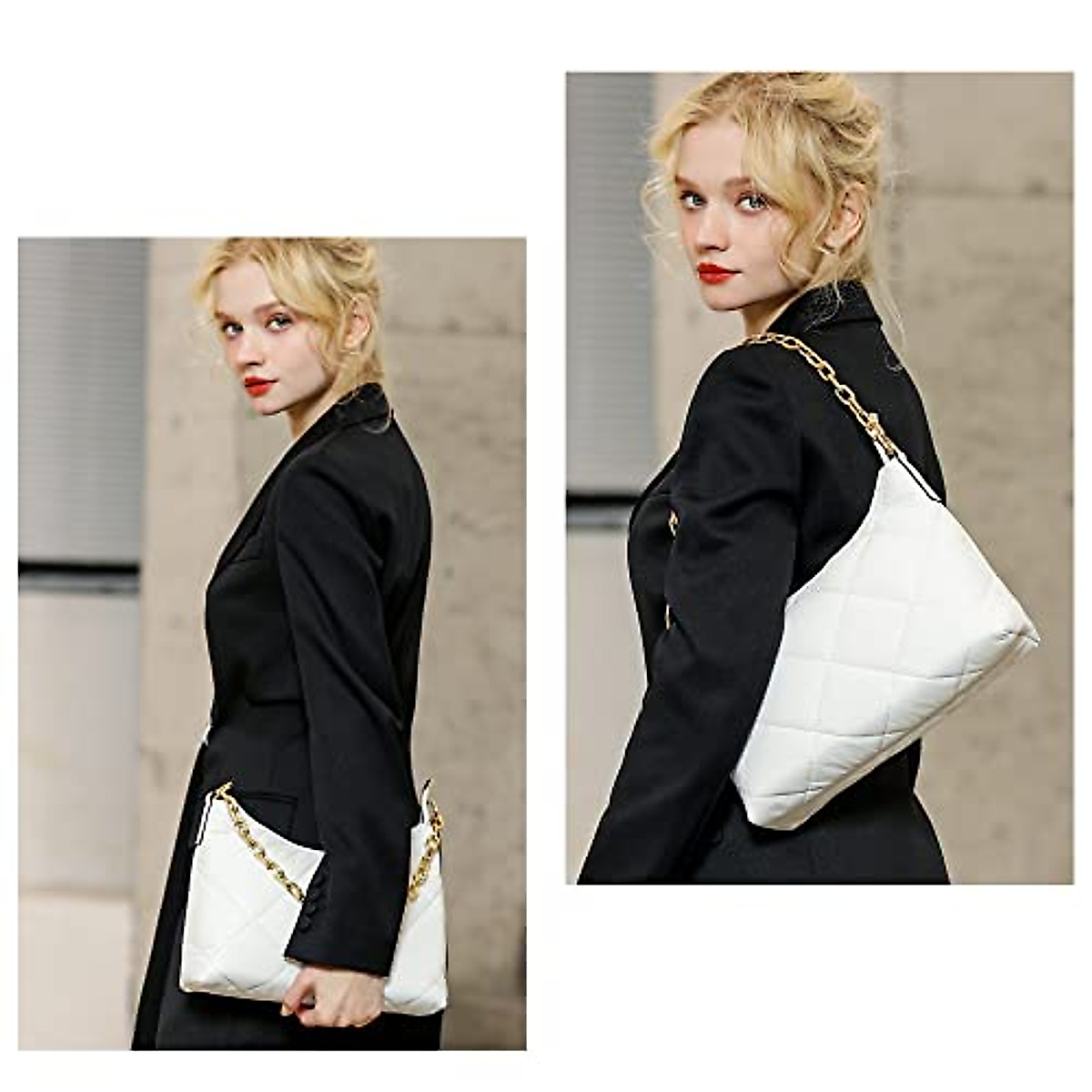 Herald Quilted Puffer Hobo Crossbody Bag for Women, Lightweight Shoulder Side Handbag with Chain Strap & Coin Purse Pouch (White)