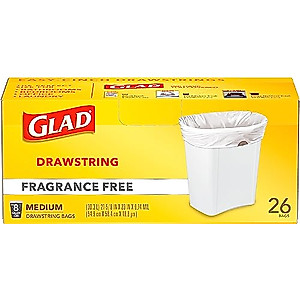 Glad Medium Drawstring Trash Bags, 8 Gallon, White, Fragrance Free, 26 Count, Pack May Vary