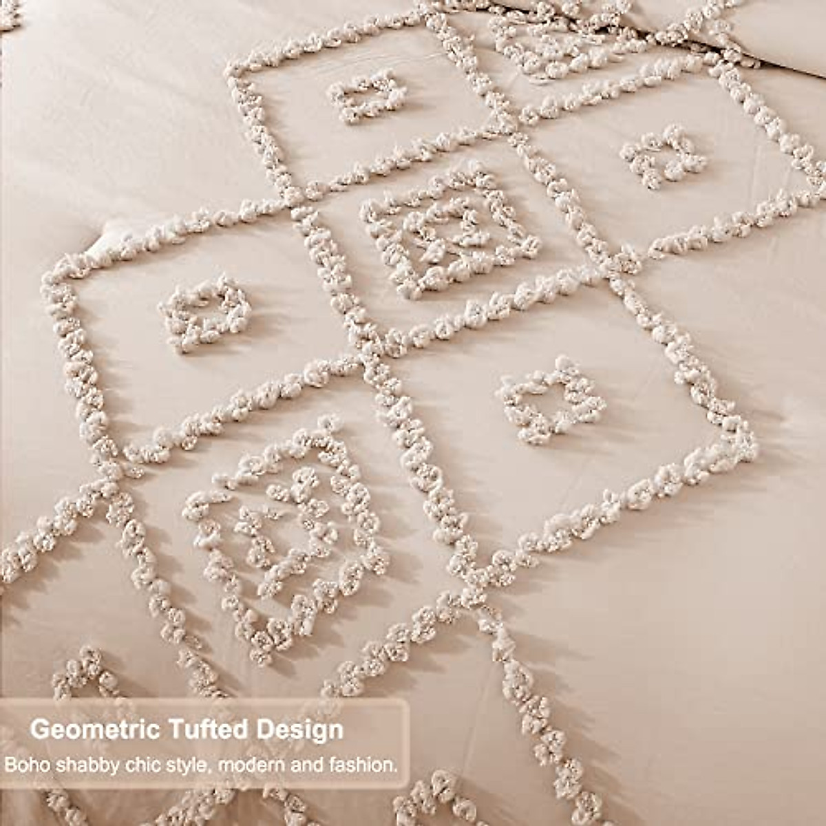 PERFEMET Beige Cream Comforter Set for King Size Bed - 3 Pieces Tufted Boho Farmhouse Bedding Set, Geometric Fluffy Rustic Bed Set for Bedroom