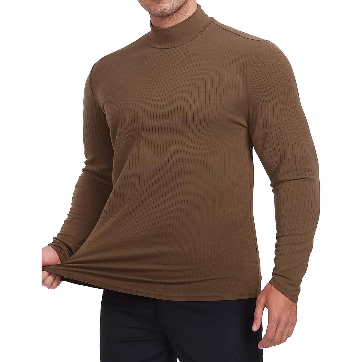 ZAFUL Mens Long Sleeve Turtleneck Undershirt Casual Knit Pullover Thermal Sweater Shirts Ribbed Tee for Fall Winter Brown L