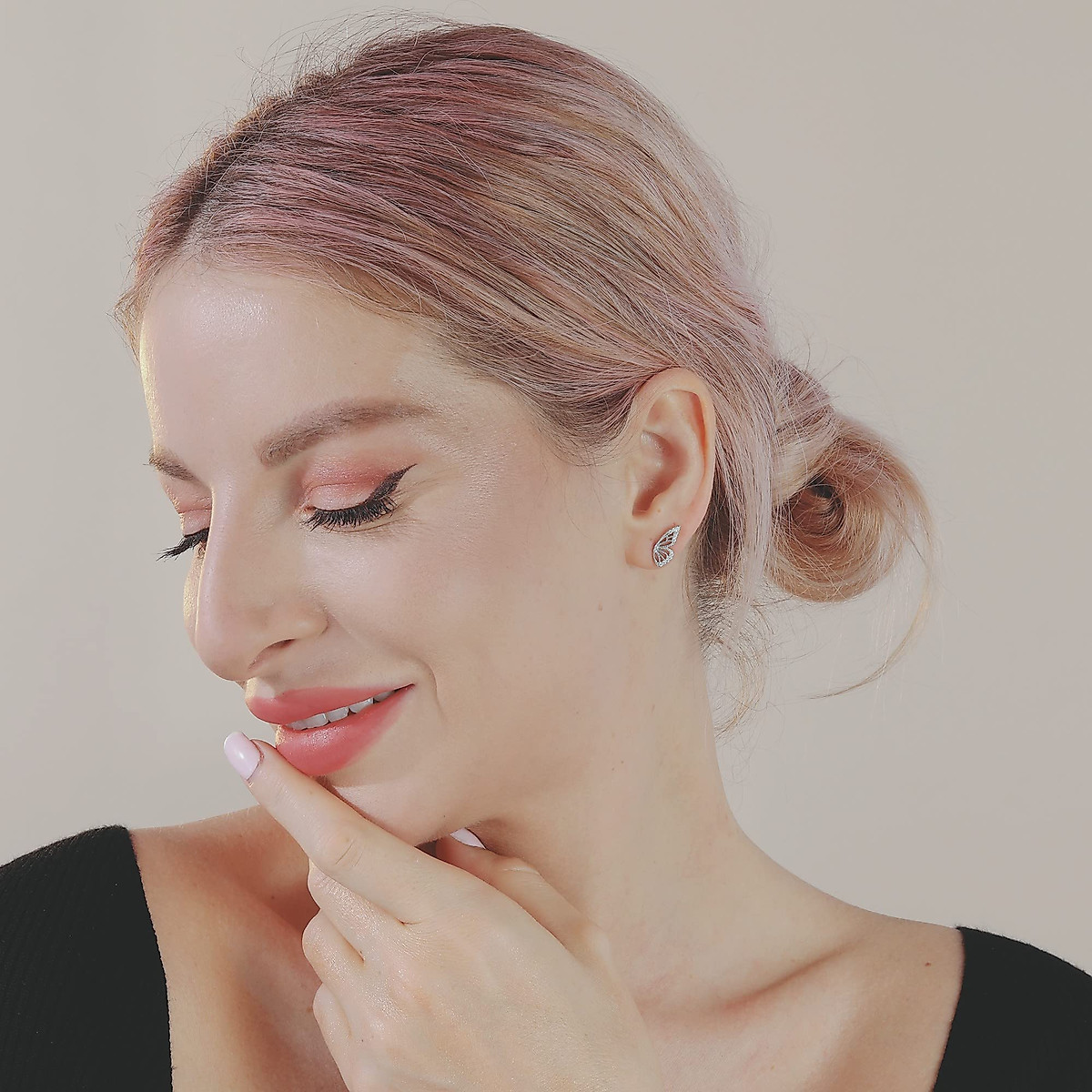 RMREWY Sterling Silver 925 Butterfly Earings Cubic Zirconia Stud Earrings Fashion Half Wings Design Butterfly Jewelry Gifts for Women