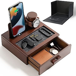 Nightstand Organizer For Men - Wood Phone Docking Station to Charge Your Phone and Organize Your Watch & Accessories - Wood Charging Station with Lined Tray & Drawer - Mens Docking Station Organizer