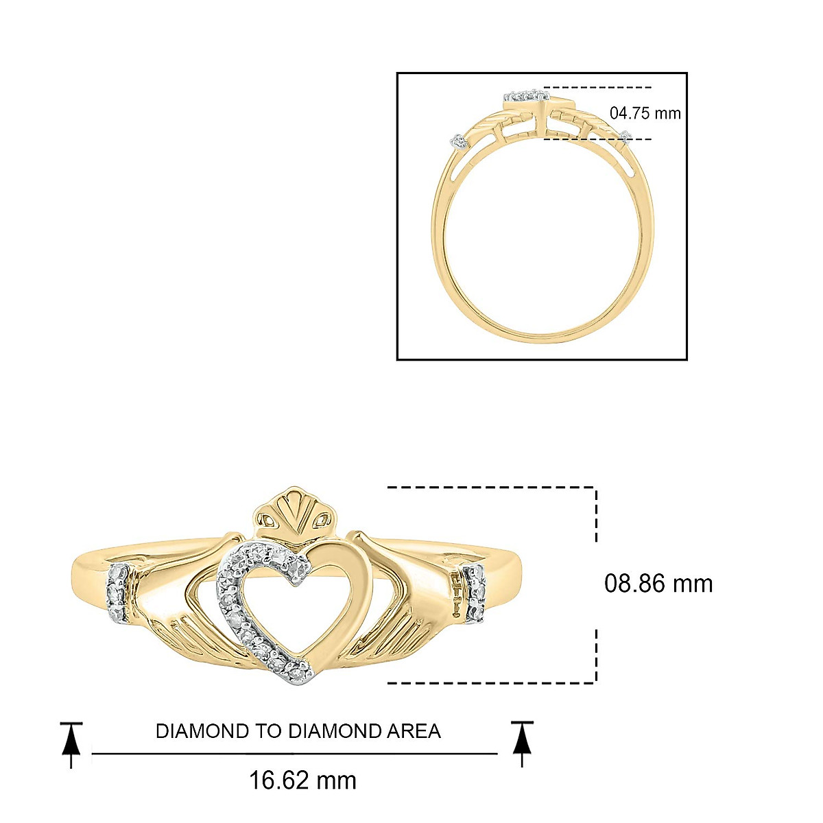 Cali Trove Irish Claddagh Ring for Women with Diamonds (Yellow Gold Plated Silver) |1/20cttw Diamond Wedding Heart Ring for her | Special Anniversary, Enagagement Gift for her | Jewelry for Women 7