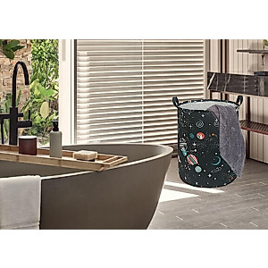 DUYIY Round Black Planet Laundry Hamper Storage Basket Organizer Hamper Storage Bins for Clothes Toys Box Nursery Hamper Gift Basket with Handles