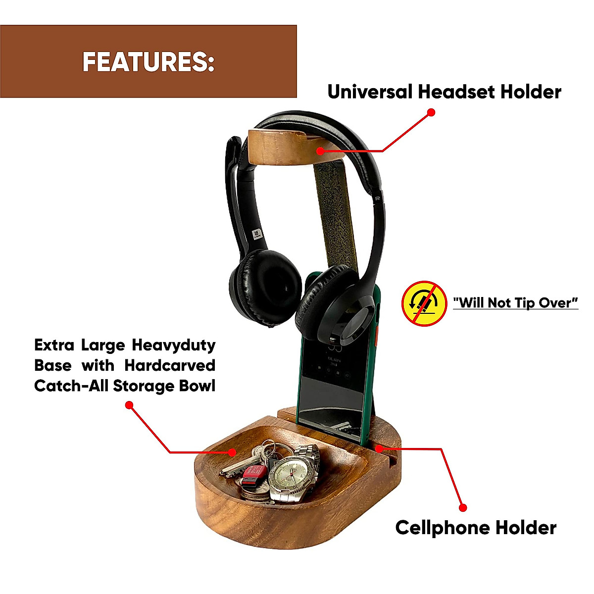 WRIGHTMART Acacia Wood Headphone Stand, Headset Stand with Storage Tray, Heavy Duty Holder for Over-Ear Headphones, Cell Phone, iPhone, Compatible with Bose, Beats, Sony, Sennheiser