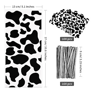 Lecferrarc 100 Pcs Cow Print Treat Bags Cow Cellophane Candy Bags Plastic Goodie Storage Bags Farm Animal Party Favor Bags with Twist Ties for Cow Theme Birthday Party Supplies