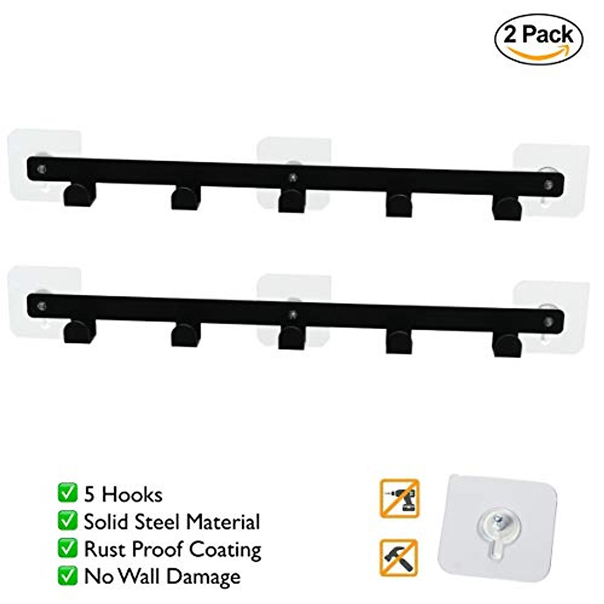 CADOVER 2 Pack Bathroom Towel Holder Mask Rack Wall Mounted with Self Adhesive, Behind Door Metal Frame Hook for Bathroom Towel, Clothes, Kitchen Storage (Black)