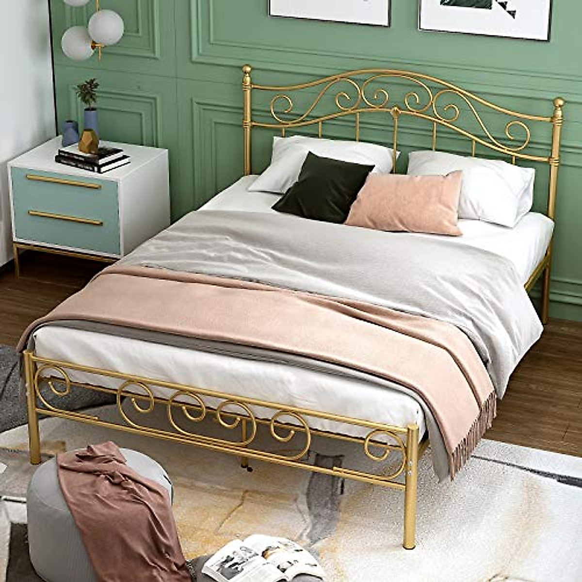 IOTXY King Metal Bed Frame - Gold 12 Inches Complete Bed Platform with Curved Tall Headboard and Shorted Footboard, King-Size Mattress Base Foundation, Garden Style