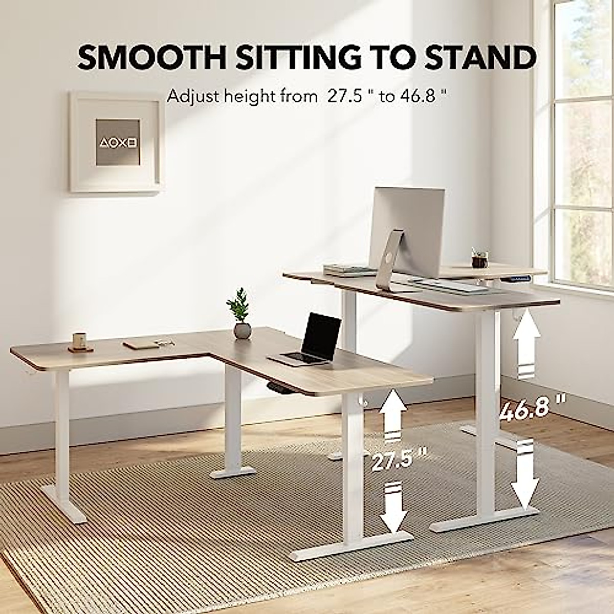 FEZIBO 63" L Shaped Standing Desk Height Adjustable, Electric Stand up Corner Desk, Sit Stand Home Office Desk with Splice Board, White Frame/Light Walnut Top