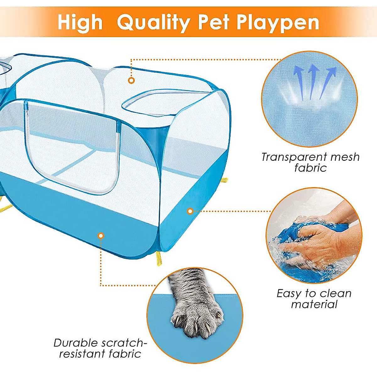 SlowTon Small Animals Playpen, Portable Large Chicken Run Coop with Breathable Transparent Mesh Walls Foldable Pet Cage Tent with 4 Zipper Doors for Puppy Rabbits Outdoor Yard (No Bottom)