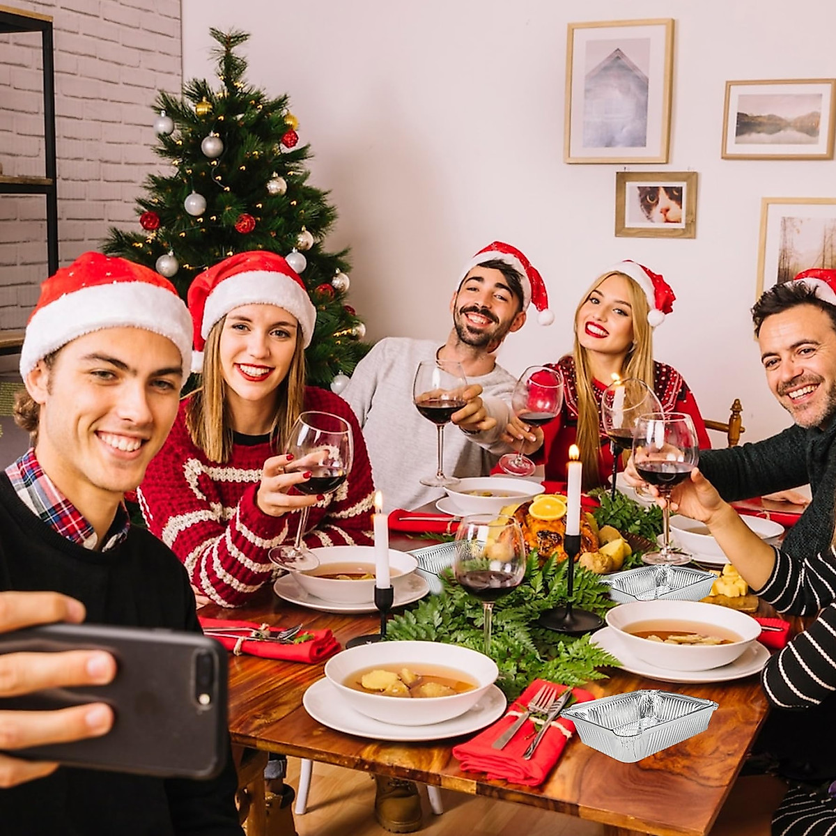 Christmas Decorations, Christmas Cookie Tins with Lids 50Pcs Tin Foil Containers 10 Styles Xmas-Themed Patterns Aluminum Food Containers Storage Pans for Treat, Party Leftovers