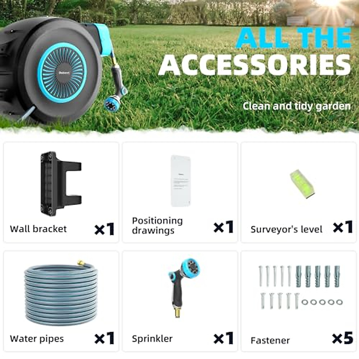 1/2"*100+5ft Garden Hose Reel Sheboren Automatic Retractable Hose Reel with Any Length Lock Wall Mount Watering Hose Reel 180°Swivel Bracket
