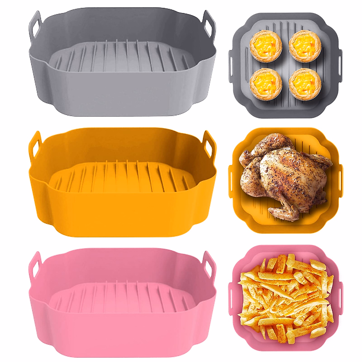 3 Pcs Air Fryer Silicone Liners, Air Fryer Basket 8 inch Square Heat Resistant Reusable Air fryers Silicone Pot for 4 to 7 QT Air Fryer Oven Microwave (Gray+Pink+Yellow)