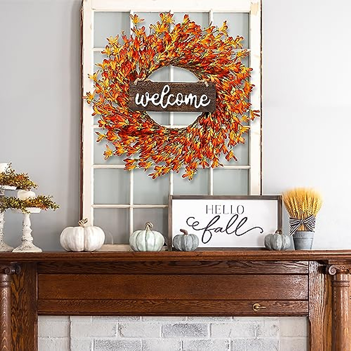 Sggvecsy Artificial Fall Wreath 20’’ Autumn Front Door Wreath Harvest Wreath with Forsythia Flowers Orange Berries Welcome Sign for Outside Indoor Wall Window Festival Thanksgiving Fall Autumn Decor