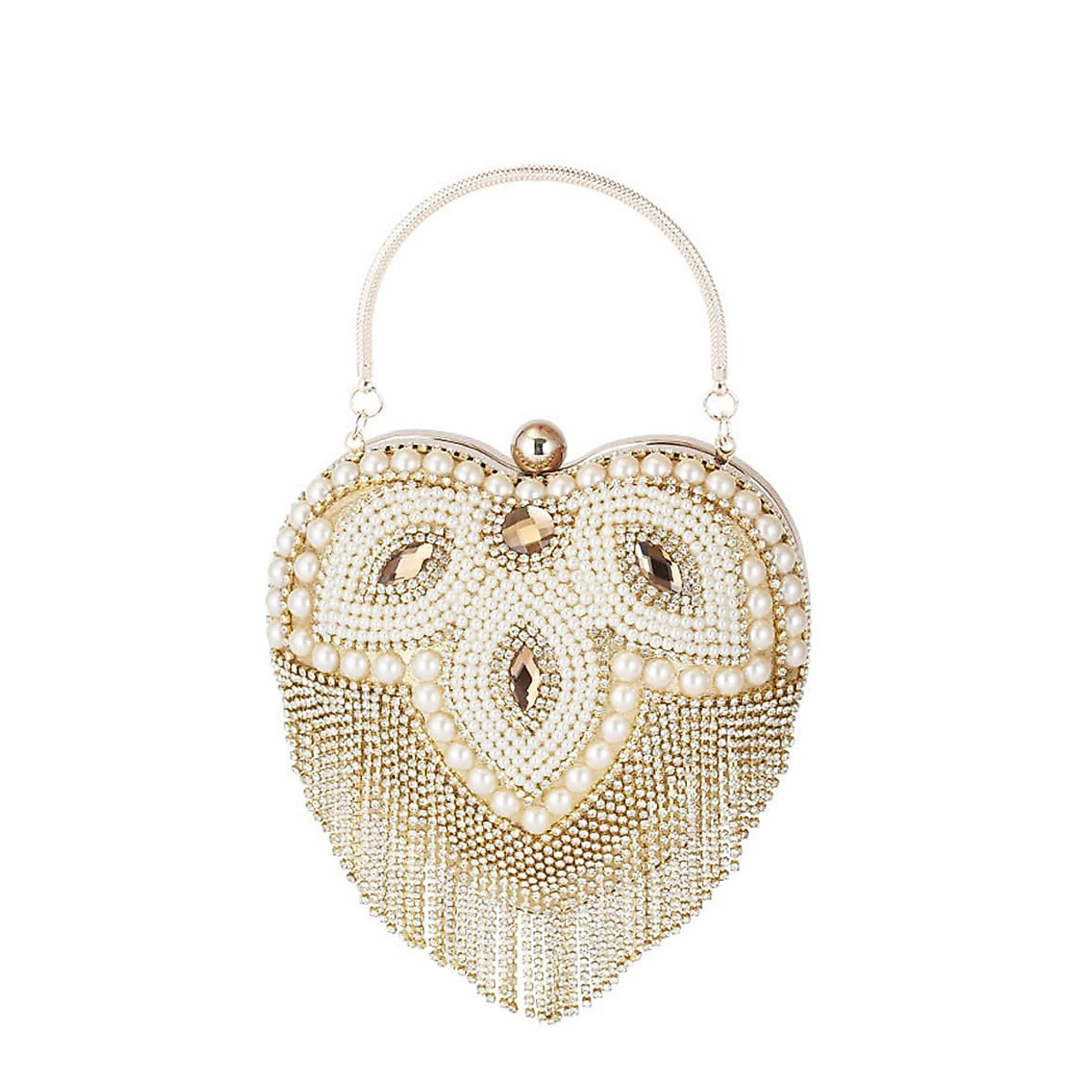 WANLIAN Women Luxury Cute Heart Shape Tassel Evening Clutch Bag Rhinestones Wedding Party Purse Handbag With Earrings Necklace(Gold7)