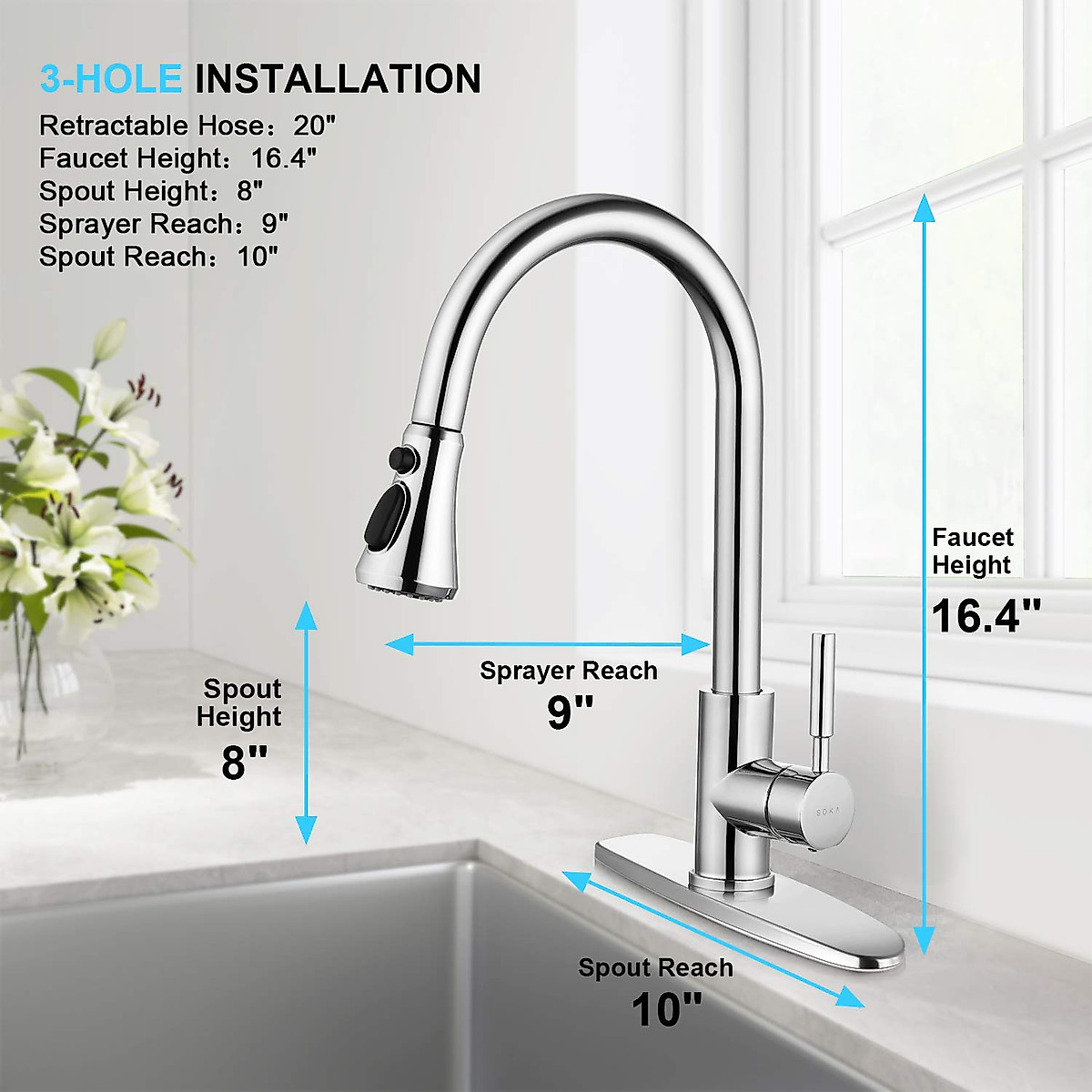 SOKA Single Handle Kitchen Faucet Stainless Steel High Arc Modern Style Aquablade Sweep, Stream & Spray Fit for One & 3 Hole