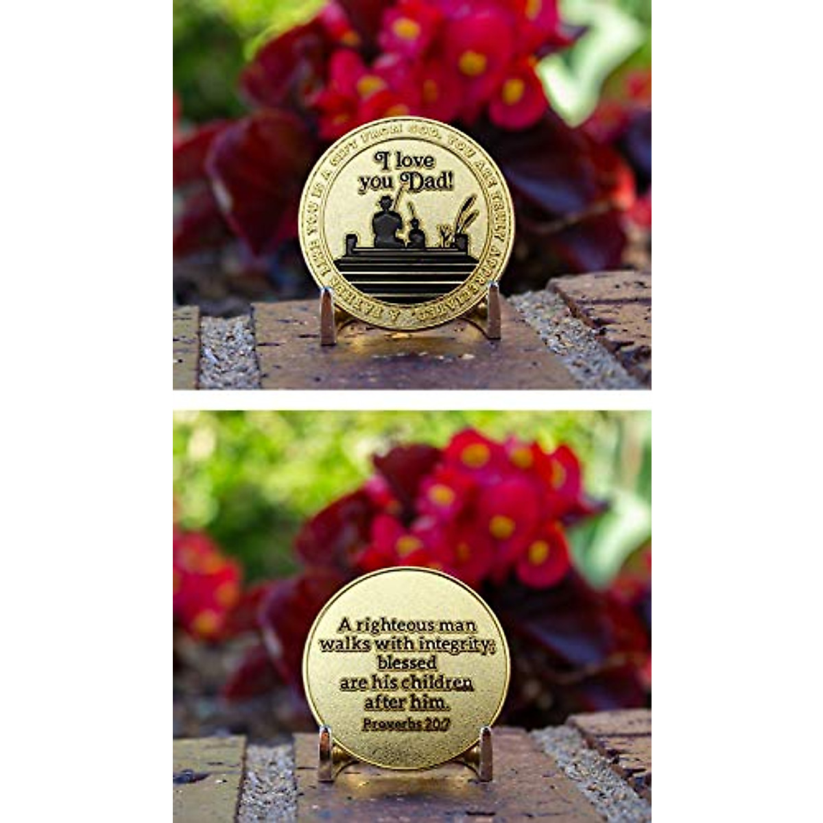 Father's Coin, I Love You Dad Token of Appreciation, Gold-Color Plated Challenge Coin, Proverbs 20:7, Man of God, Unique Gift Idea for Dads & Grandfathers, from Daughter, Sons or Wife