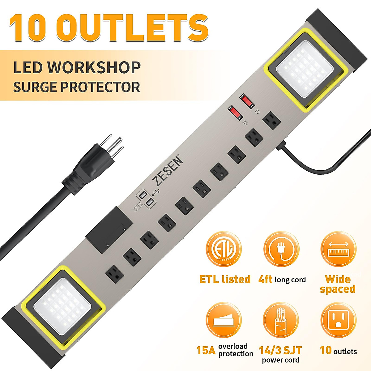 ZESEN 10-Outlet Power Strip with LED Worklight Surge Protector 4ft Cord with Dual Smart USB, Workshop/Garage/Office/Home, ETL Listed