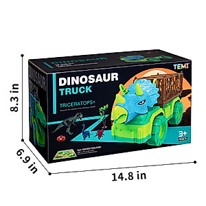 TEMI Dinosaur Truck Toy for Kids 3-5 Years, Triceratops Transport Car Carrier with 8 Dino Figures, Activity Play Mat, Dino Eggs and Trees, Capture Jurassic Dinosaurs Play Set for Boys and Girls