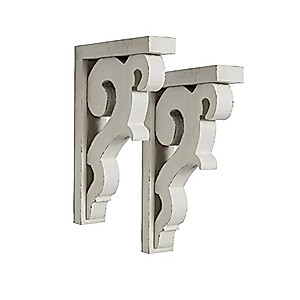 American Art Decor Small Distressed Carved Wood Decorative Corbels Wall Mounted Shelf Brackets Vintage Antique Shabby Chic Rustic Farmhouse Decor, Whitewashed, Set of 2, 11.8" H x 9" L x 1.8" D