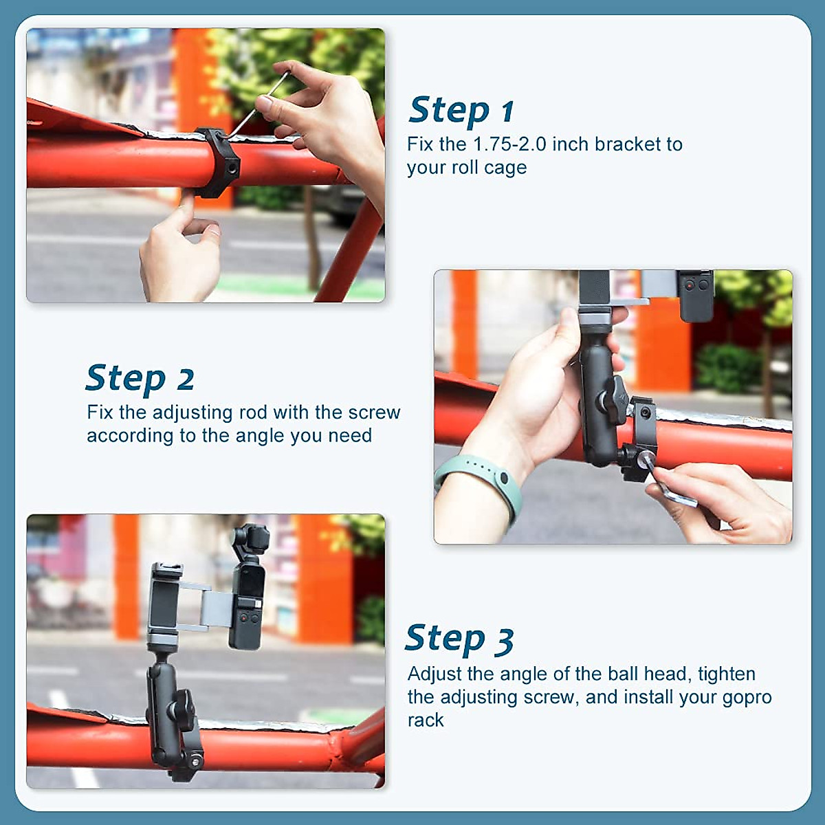 UTV ATV Camera Mount Holder 360°GoPro Roll Bar Mount Accessories Action Cameras Accessory for 1.75"-2" Roll Bar and tube