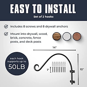 Monarch Abode Wall Mounted Plant Hooks, 14" Premium Metal Decorative Hanging Brackets for Indoor & Outdoor Use, Set of 2, Black