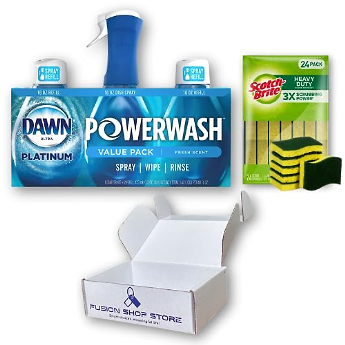 Dawn Powerwash Spray Refill, Fresh Scent, 1 Starter Kit + 2 Refills (1) Set with Dishwashing Sponges, 24 pack (1) Boxed by Fusion Shop Store