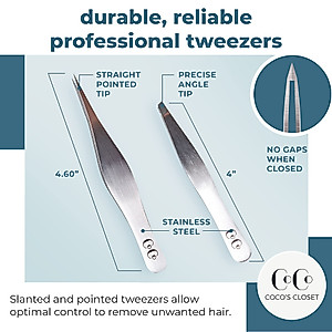 Cocos Tweezers - Surgical Grade Stainless Steel - Slant Tip for Expert Eyebrow Shaping and Facial Hair Removal - with Bonus Protective Pouch - Best Tweezer for Men and Women